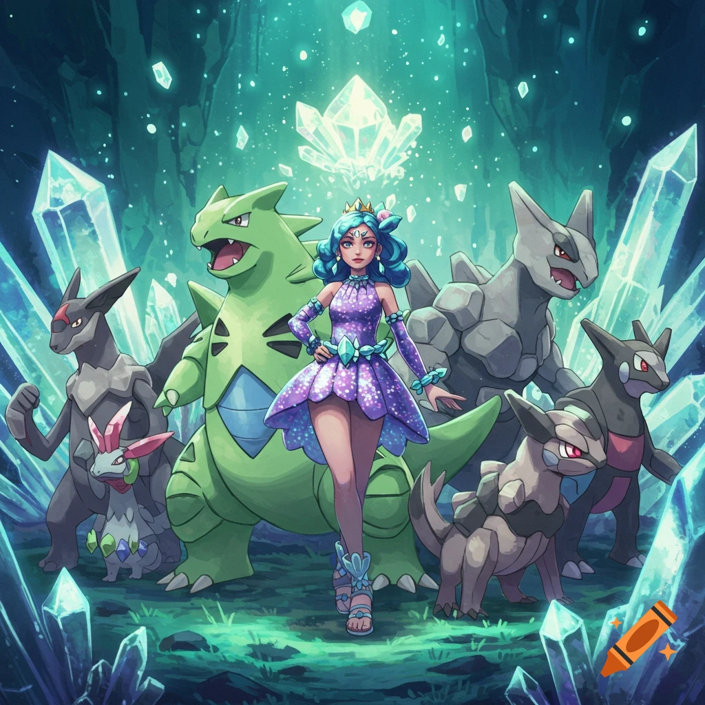An anime-style female Pokémon trainer stands with her team of rock-type ...
