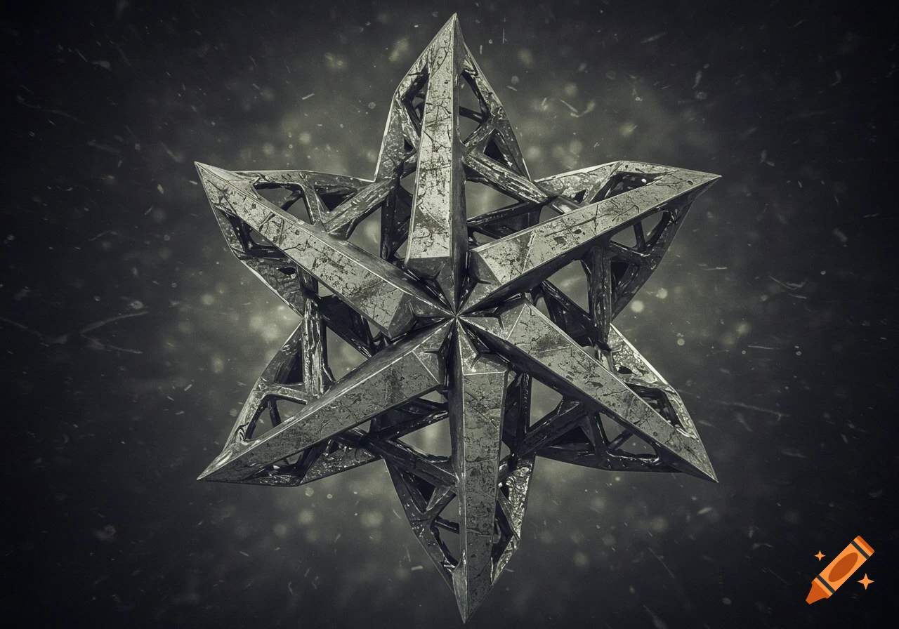 Photorealistic image of a complex, weathered metallic six-pointed ...