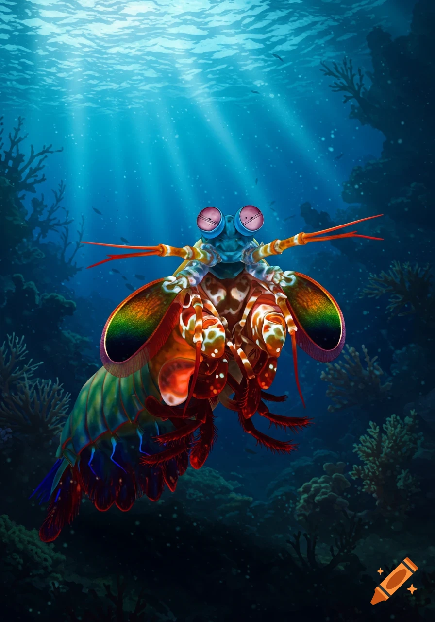 A vibrant peacock mantis shrimp swims in the deep blue ocean with sun ...