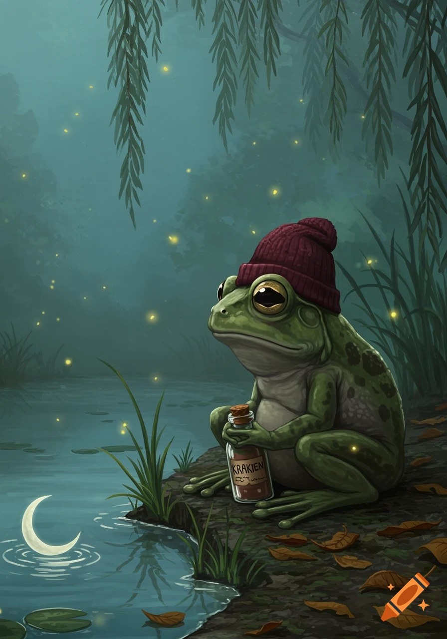 An illustration of a large toad smoking a pipe by a pond at sunset ...