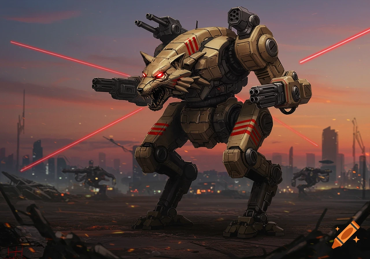 A large, hunched tan and black mech with a wolf-like head and glowing ...