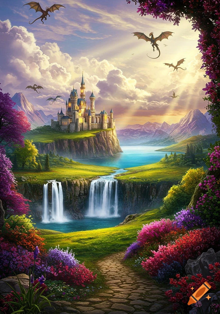 A vibrant fantasy landscape with a majestic castle on a cliff, waterfalls, lush greenery, and ...