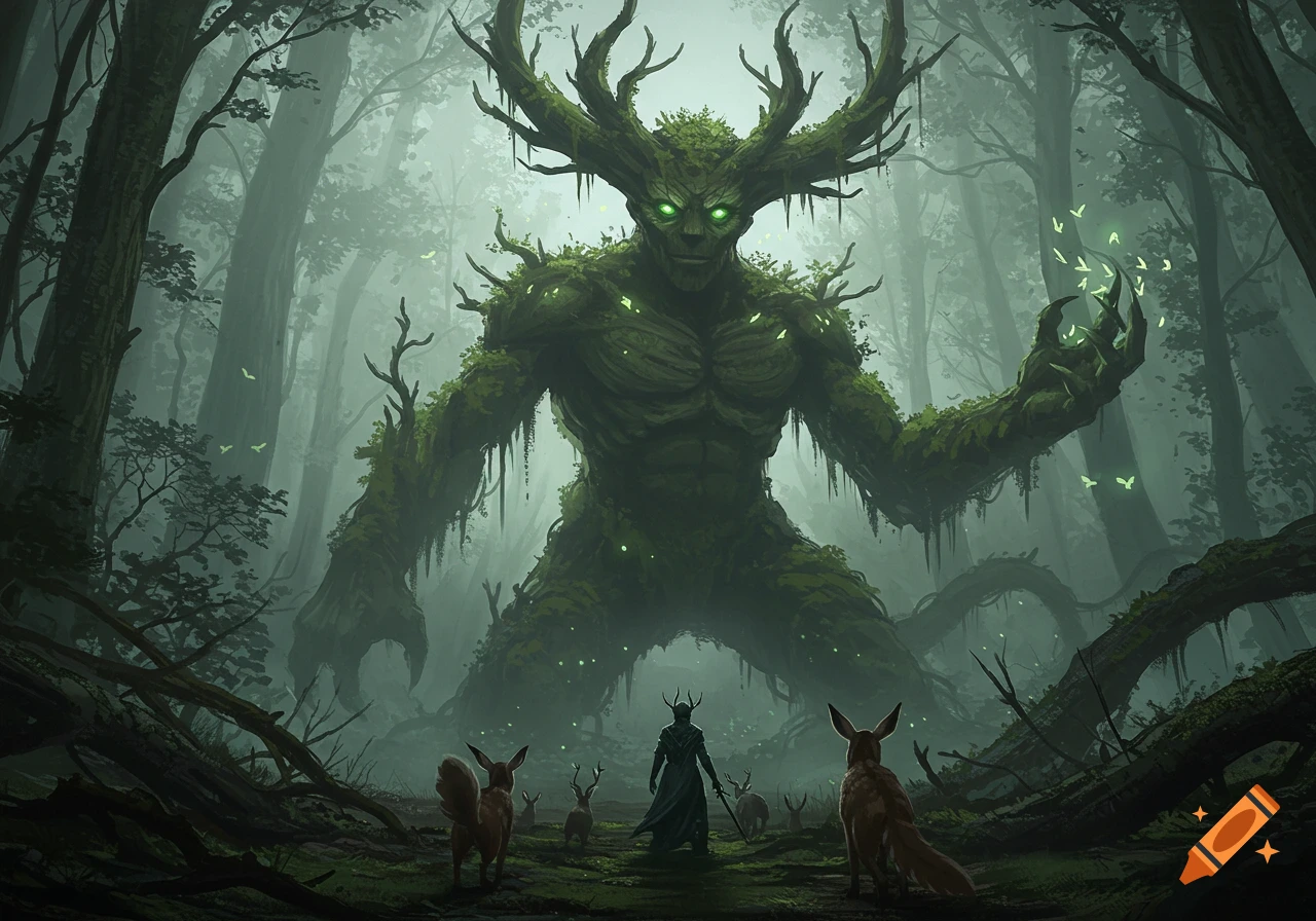 A surreal tree-woman with autumn leaves for hair stands in a field at ...