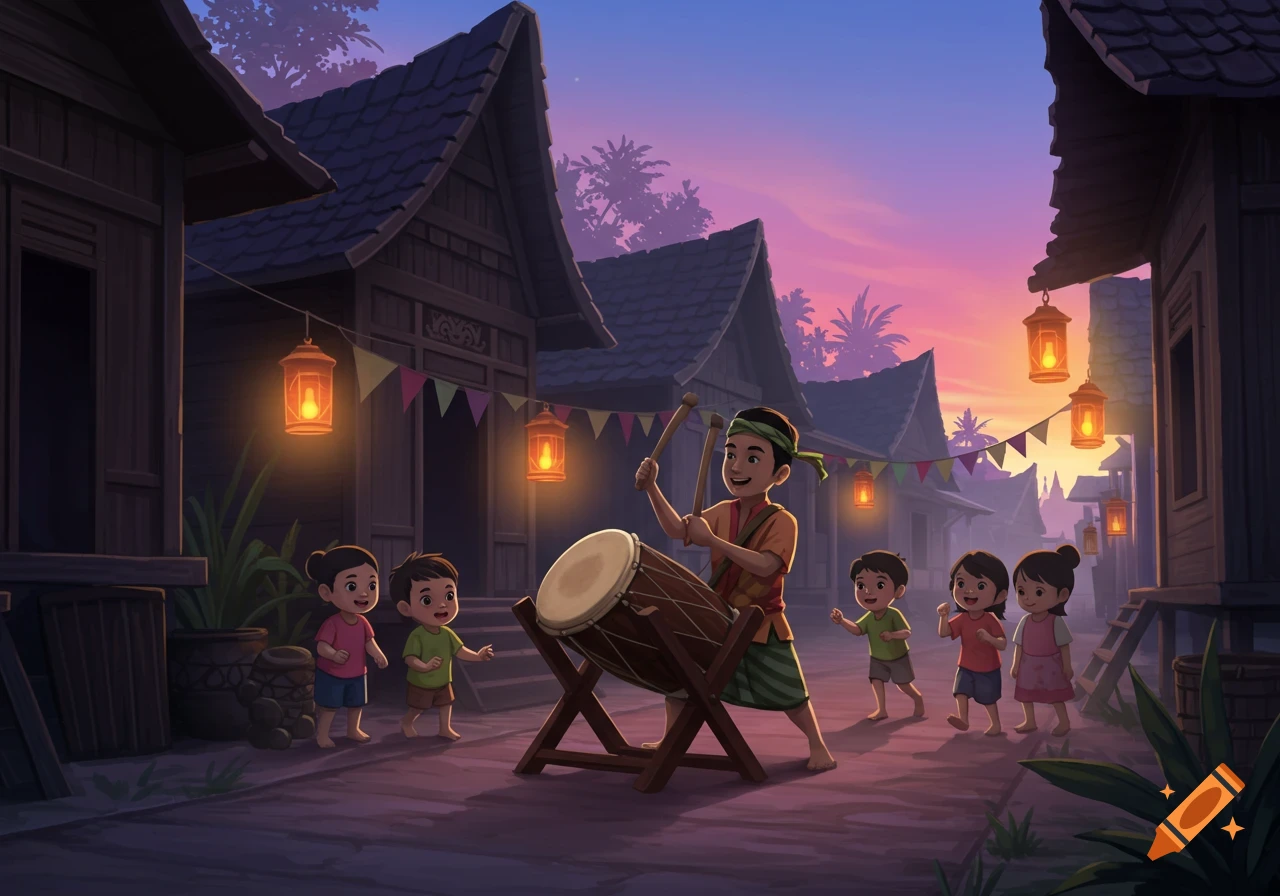 Cartoon illustration of children playing a large drum on a traditional ...