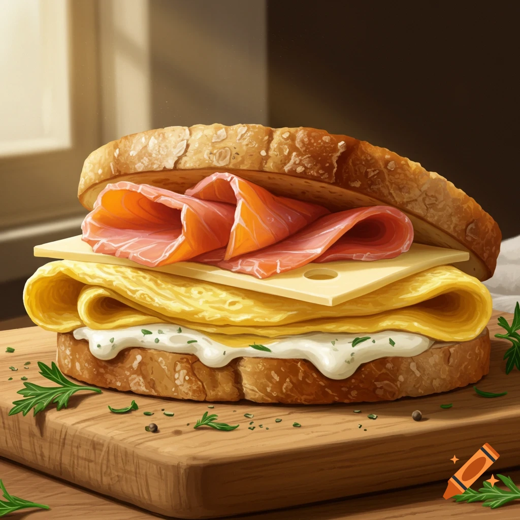 A line drawing of breakfast on a plate with sausages, toast, radishes ...