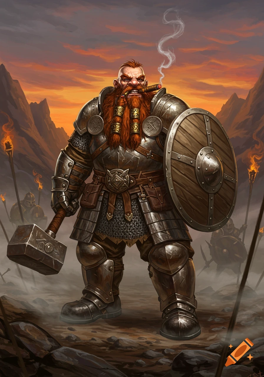 A bearded Viking in a horned helmet and fur-trimmed armor rides a gold ...