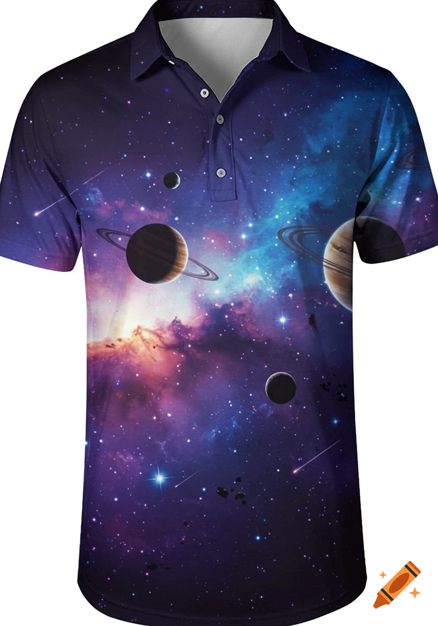 A dark blue collared shirt featuring a vibrant galaxy print with stars ...