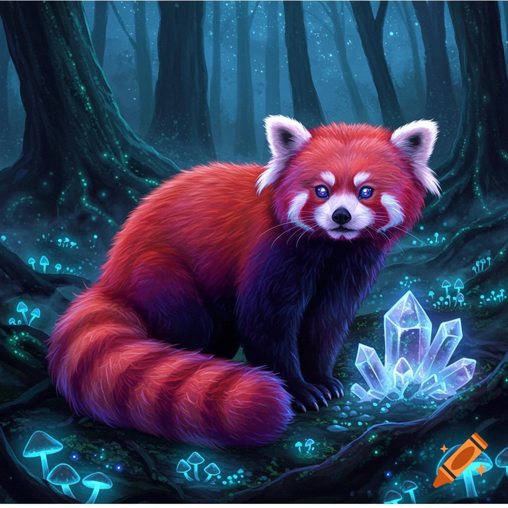 A red panda with glowing blue eyes and purplish fur sits in a dark, magical forest with glowing ...