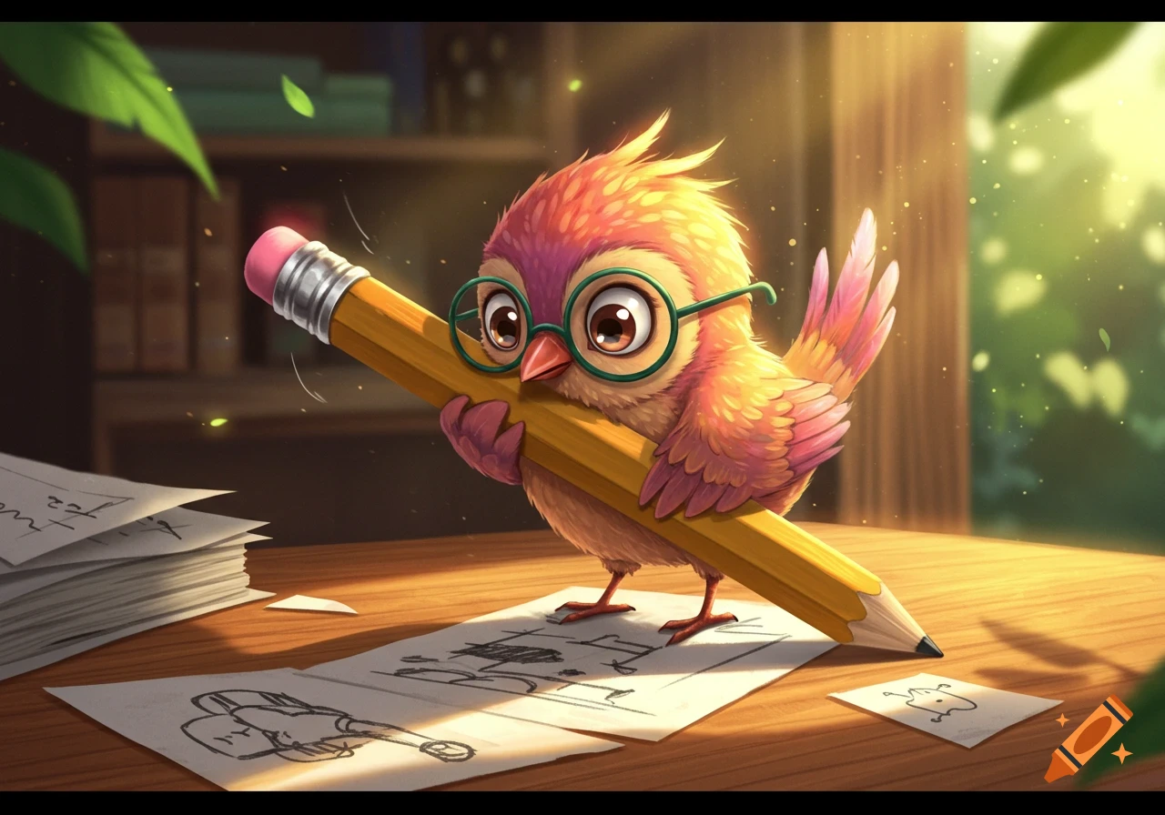 A cute, cartoon bird with green glasses holds an oversized yellow ...