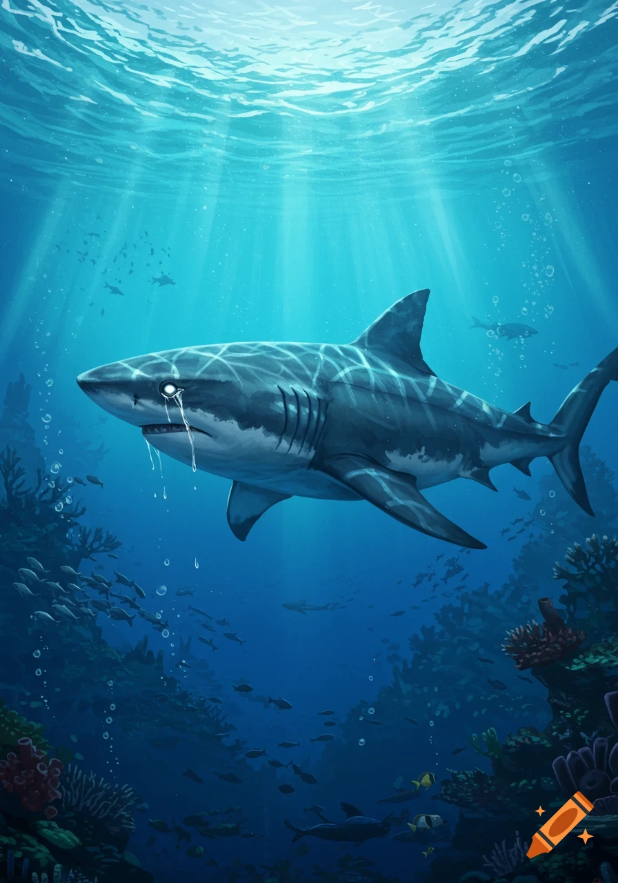 A powerful tiger shark with glowing green stripes swims underwater ...