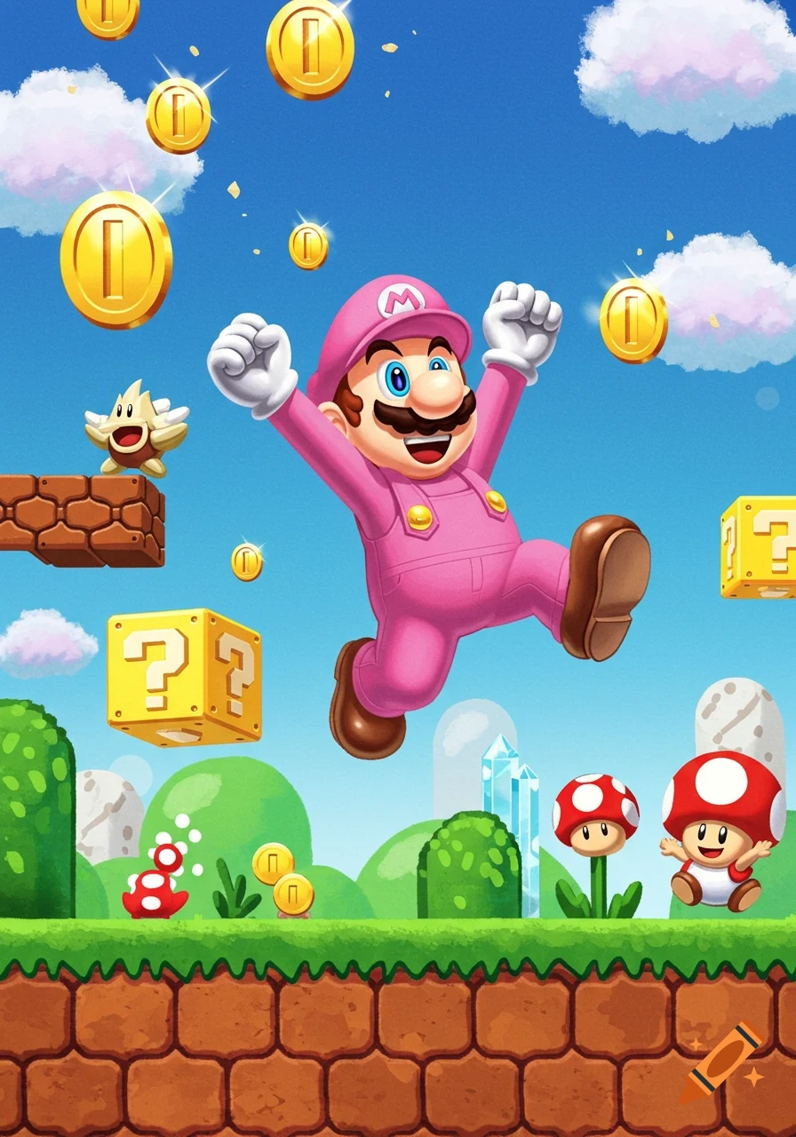 Mario, two Kirbys, and Sackboy in a vibrant cartoon video game world ...