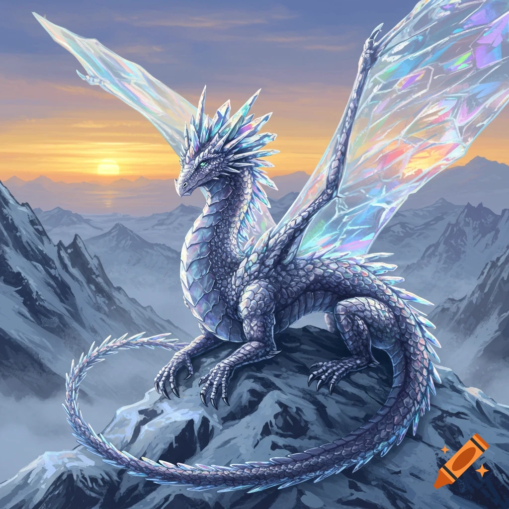 A majestic crystal dragon with shimmering wings perched on a snowy mountain peak at sunset. on ...