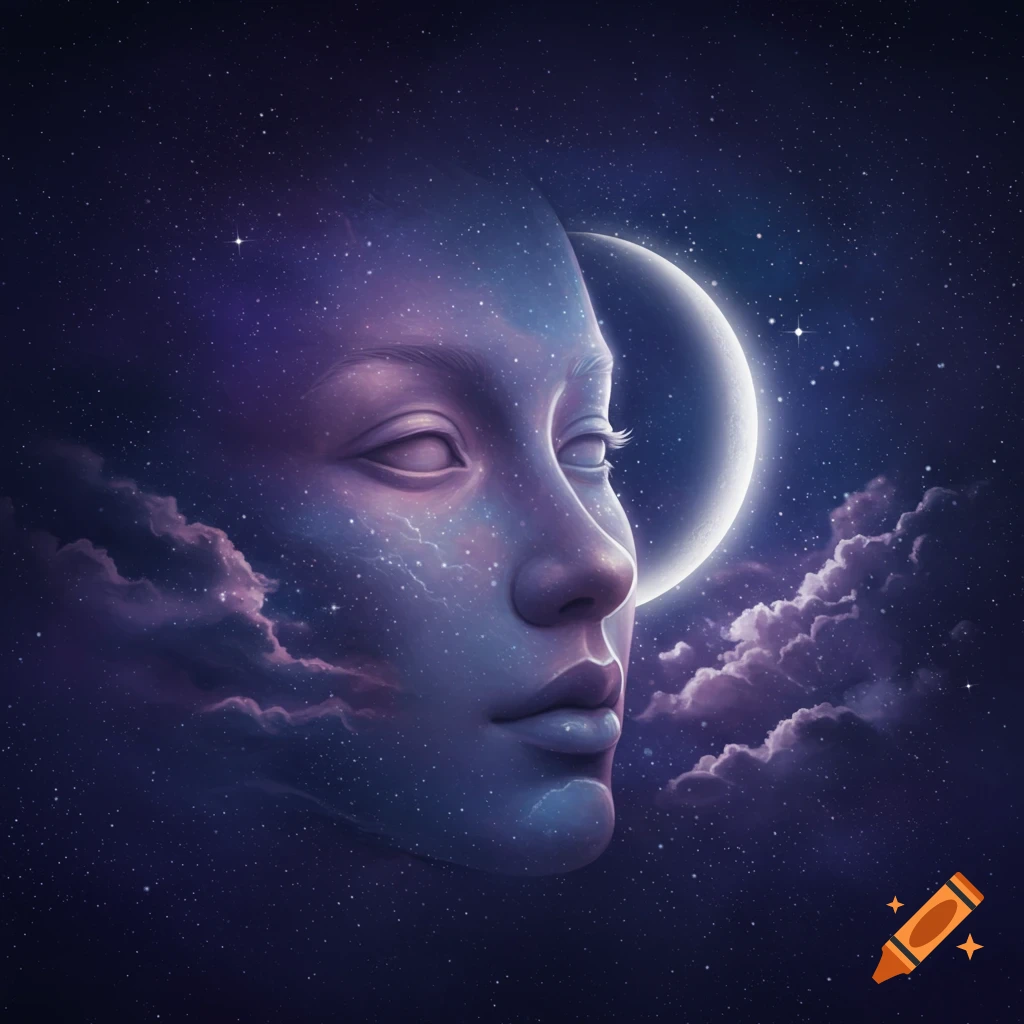 Profile of a cosmic face, blending with a starry night sky and a ...