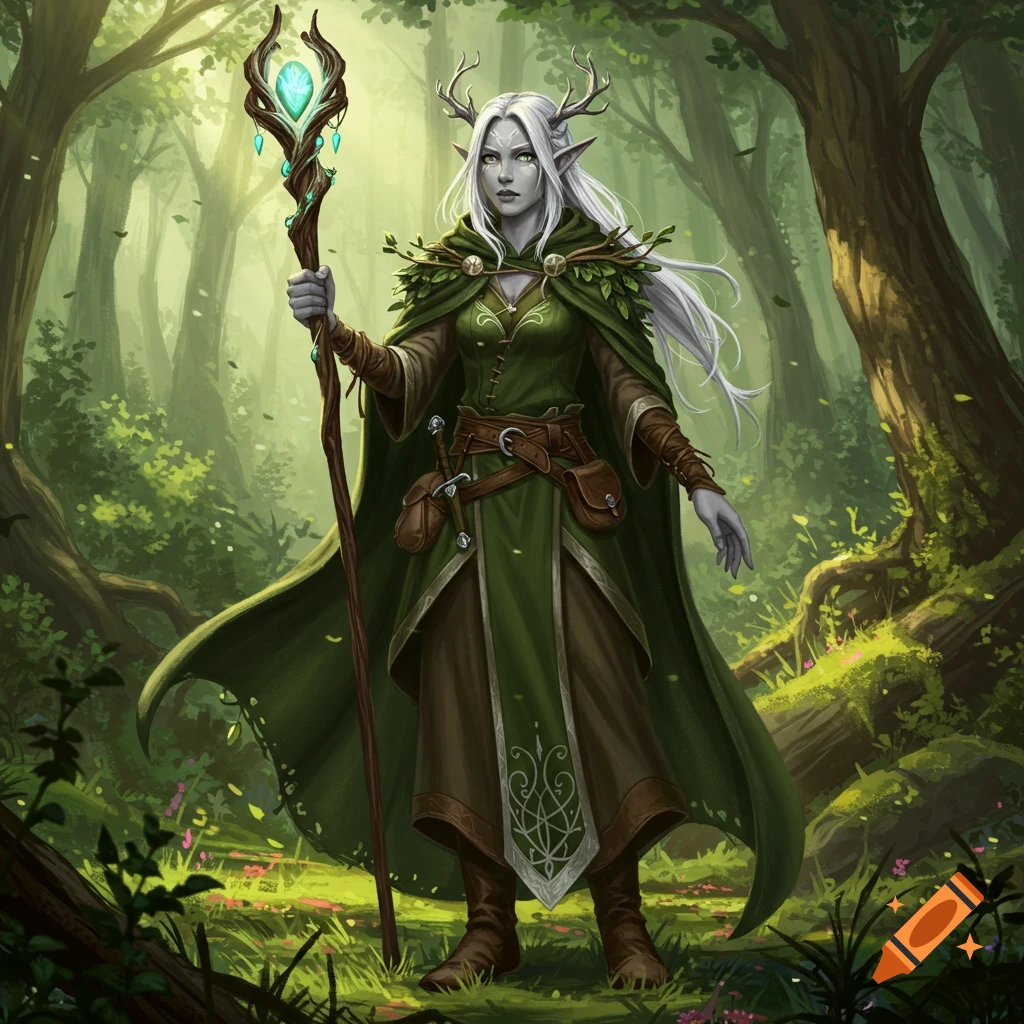 A proud, horned half-elven woman with dark and white hair, dressed in ...