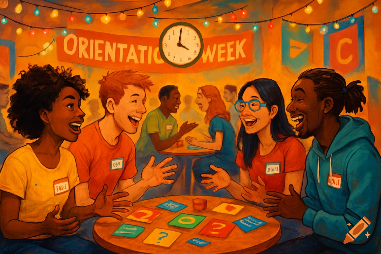 An illustration of diverse students laughing and talking at a table ...