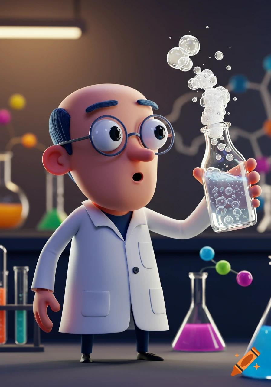 A 3D cartoon scientist with googly eyes holds a bubbling glass bottle ...