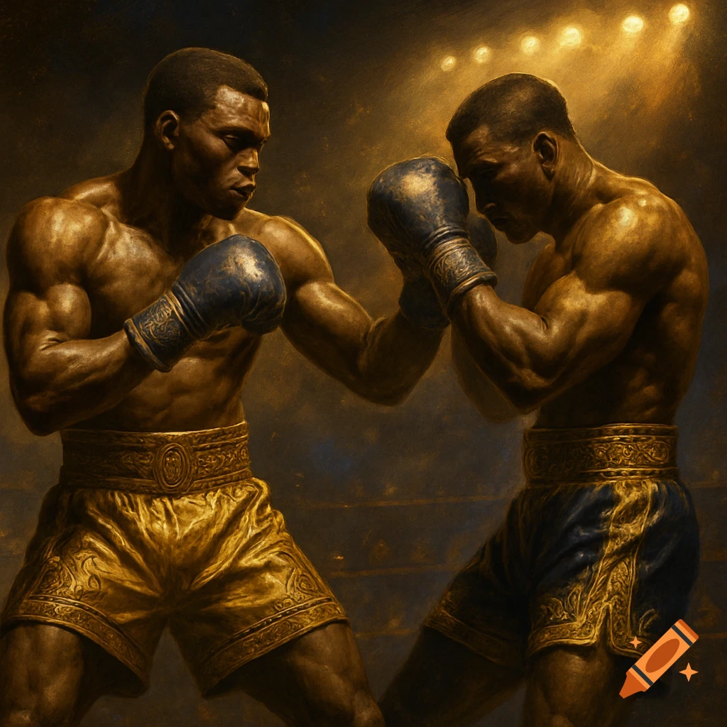 Two muscular boxers, wearing gloves and ornate shorts, face off in a ...