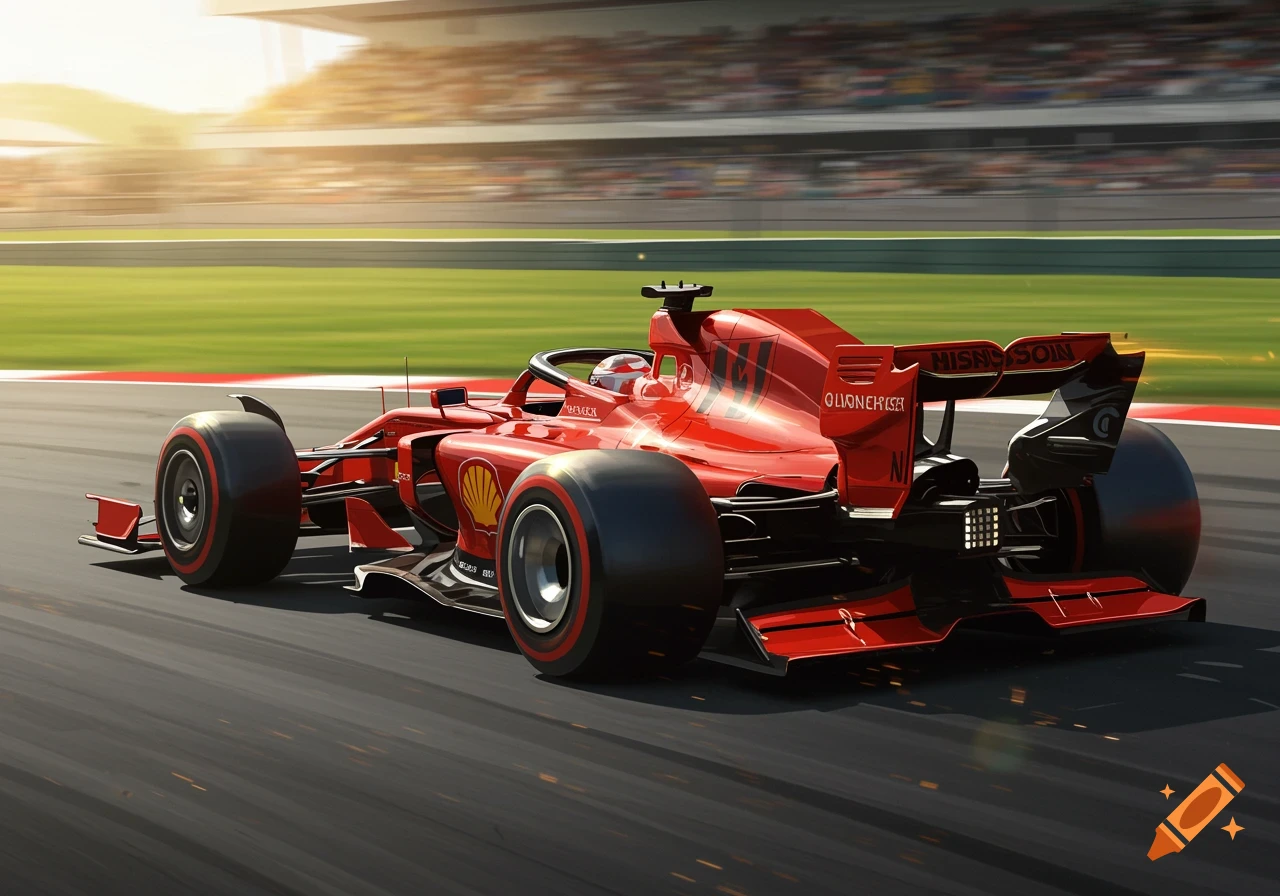 A black Mercedes F1 car races on a wet track with a giant pink salmon ...