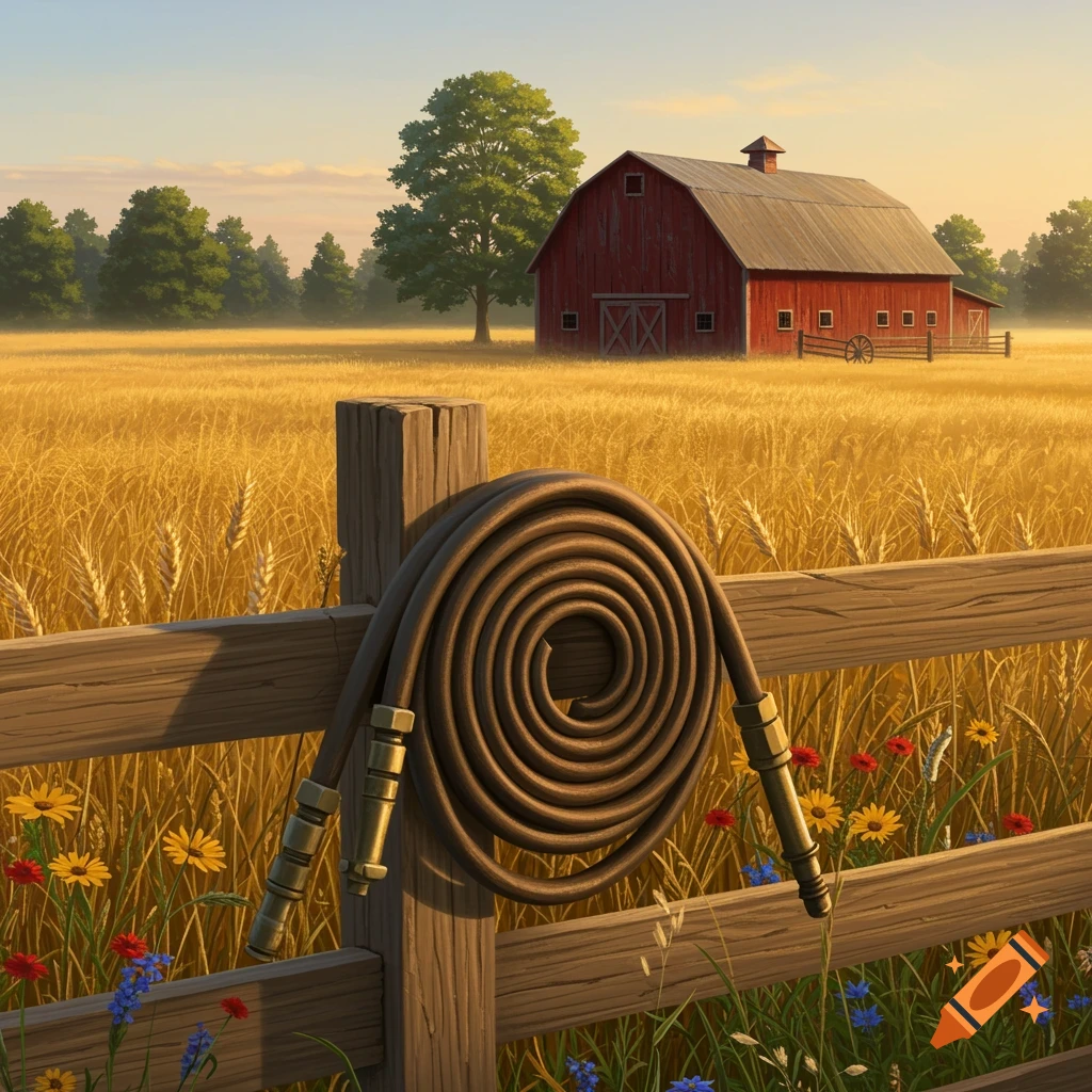 A coiled garden hose hangs on a wooden fence post in a golden wheat ...