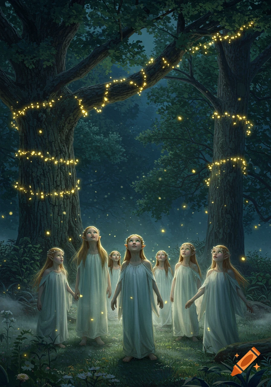 Seven young elf-like girls in white gowns stand in an enchanted forest ...