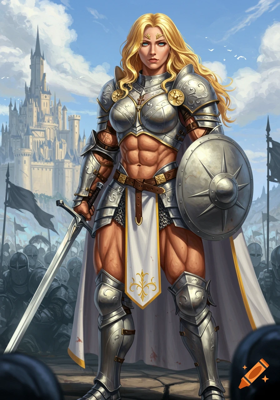 Photorealistic female knight in full silver armor, red dress, and ...