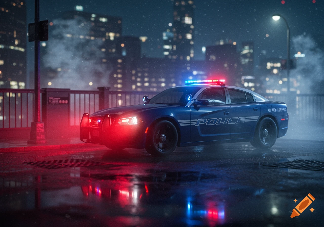 A photorealistic police car with flashing lights on a wet city street ...