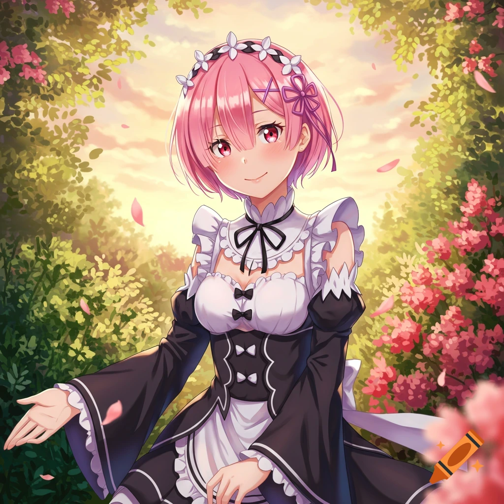 An anime girl with pink hair, wearing a black and white maid dress ...