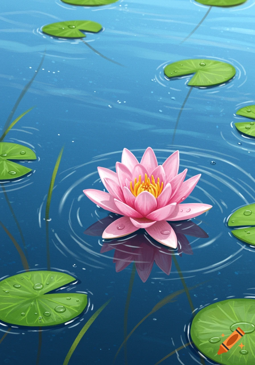 A vibrant pink water lily floats on a calm pond at dusk, surrounded by ...