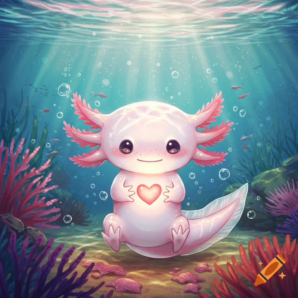 A cute pink axolotl and a happy penguin swim together underwater amidst ...