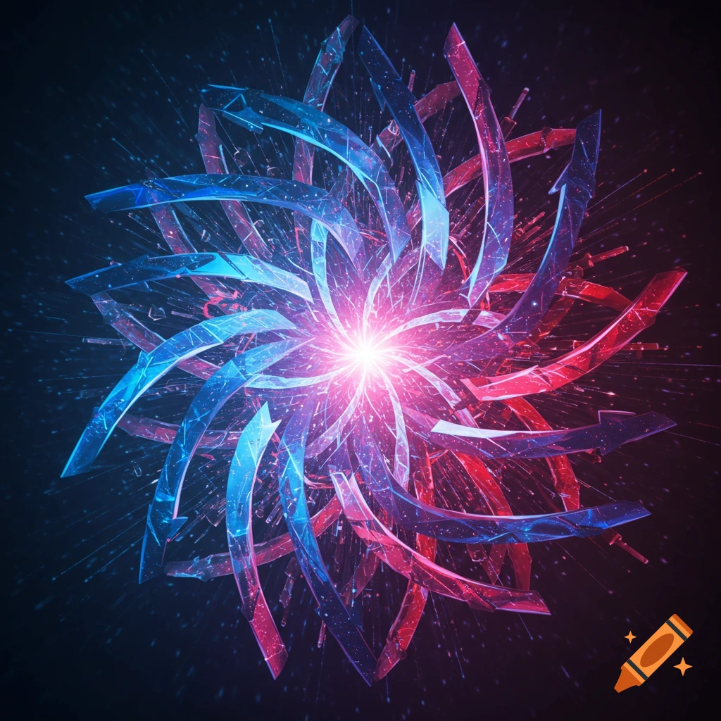 A vibrant, abstract digital art piece with glowing teal, purple, and ...