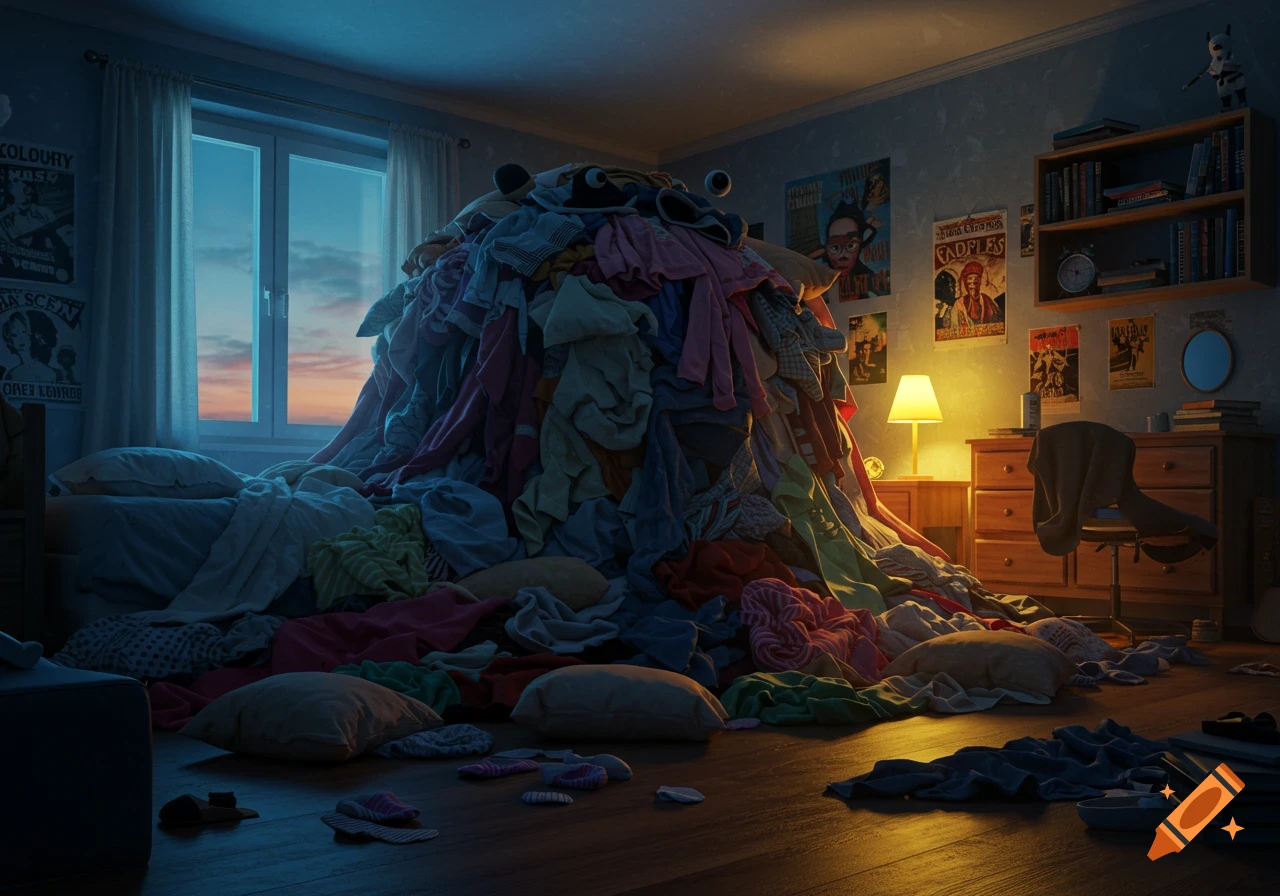 Photorealistic image of a messy bedroom at dusk, with a giant pile of clothes on the bed ...