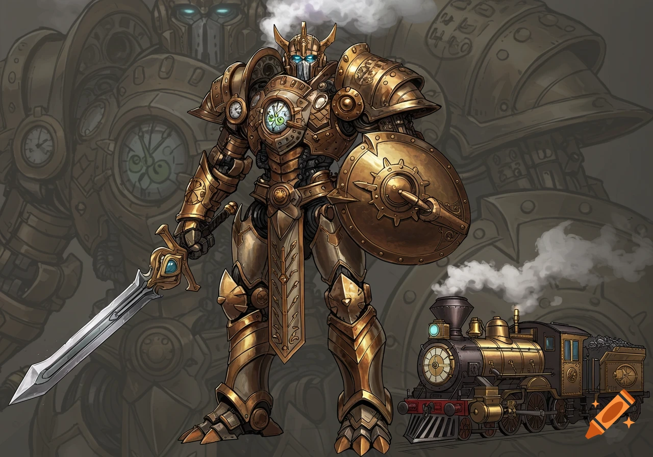 A detailed steampunk robot knight in bronze armor holding a sword and ...