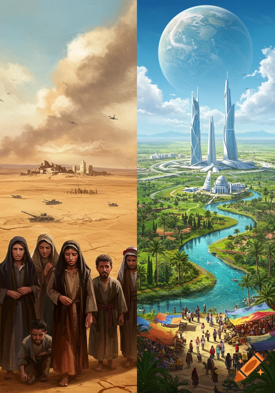 Grand blue-domed mosque and market square in an arid valley, with snow ...