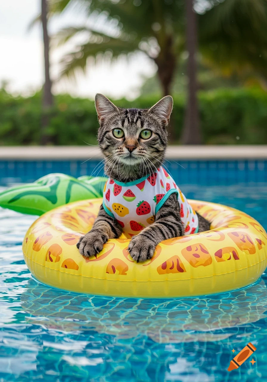 A photorealistic striped cat wearing a fruit-patterned shirt floats in ...