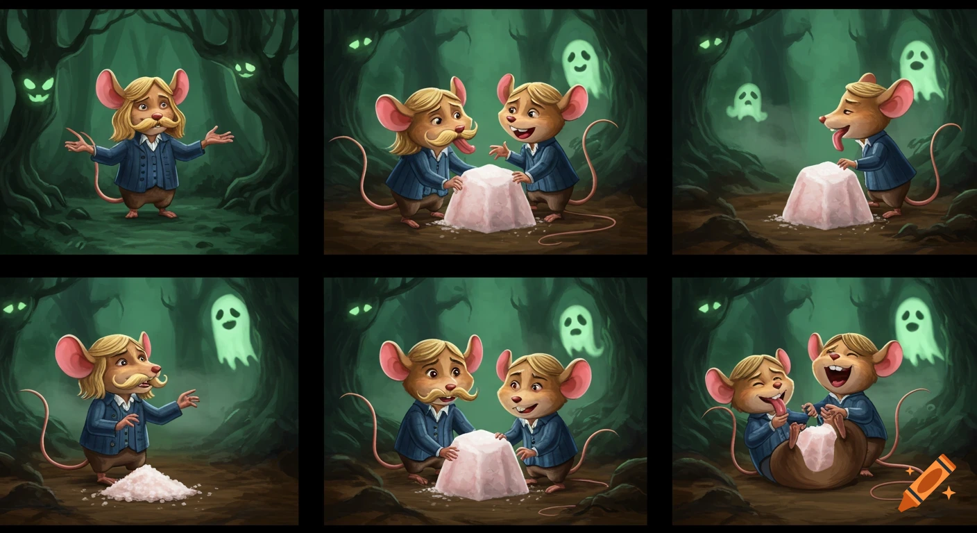 A six-panel cartoon comic strip shows two anthropomorphic mice in a ...