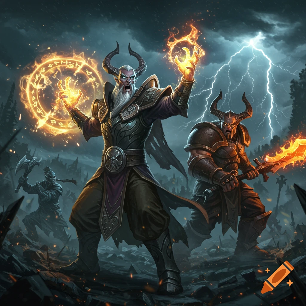 A male wizard with glowing eyes and hands casts a spell, surrounded by ...