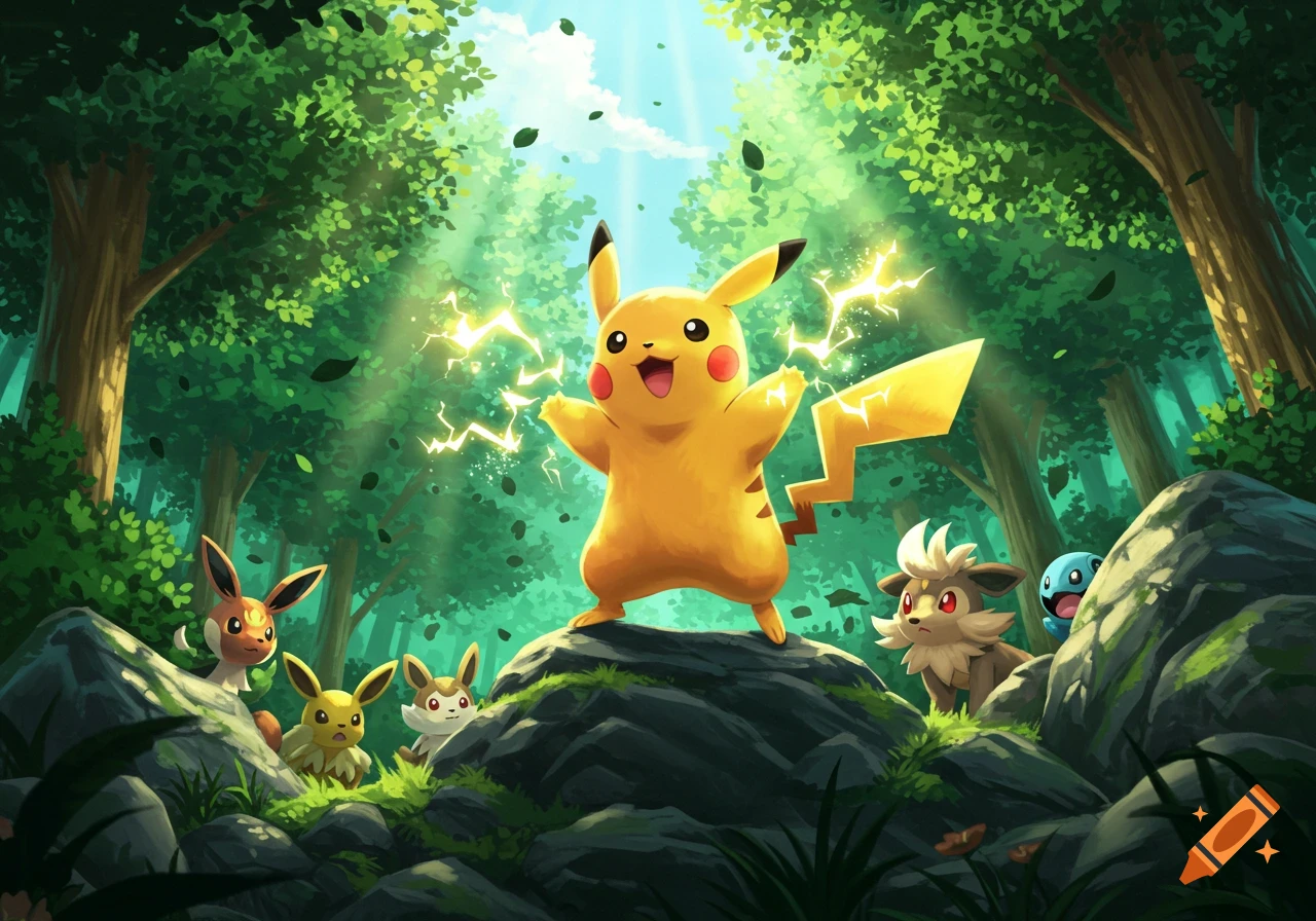 Pikachu crackling with electricity stands on a rock in a sunny forest ...