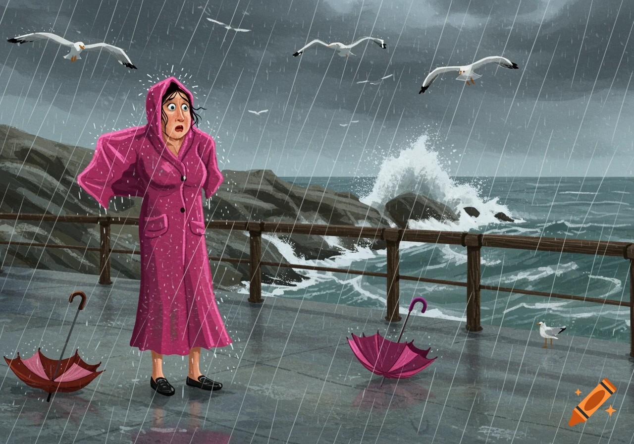 An illustration of an overwhelmed woman in a pink raincoat getting ...