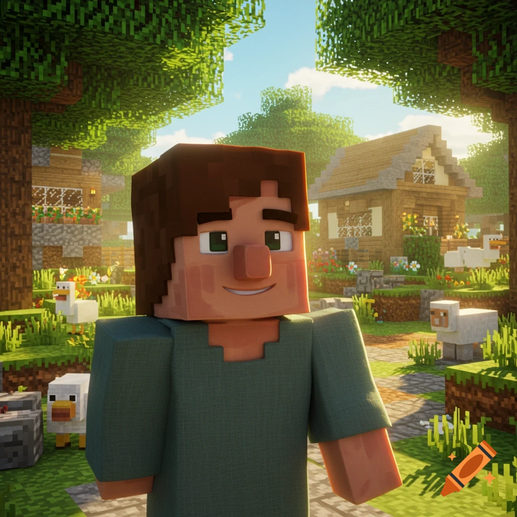 A stylized Minecraft villager with emerald eyes and a large nose, arms ...