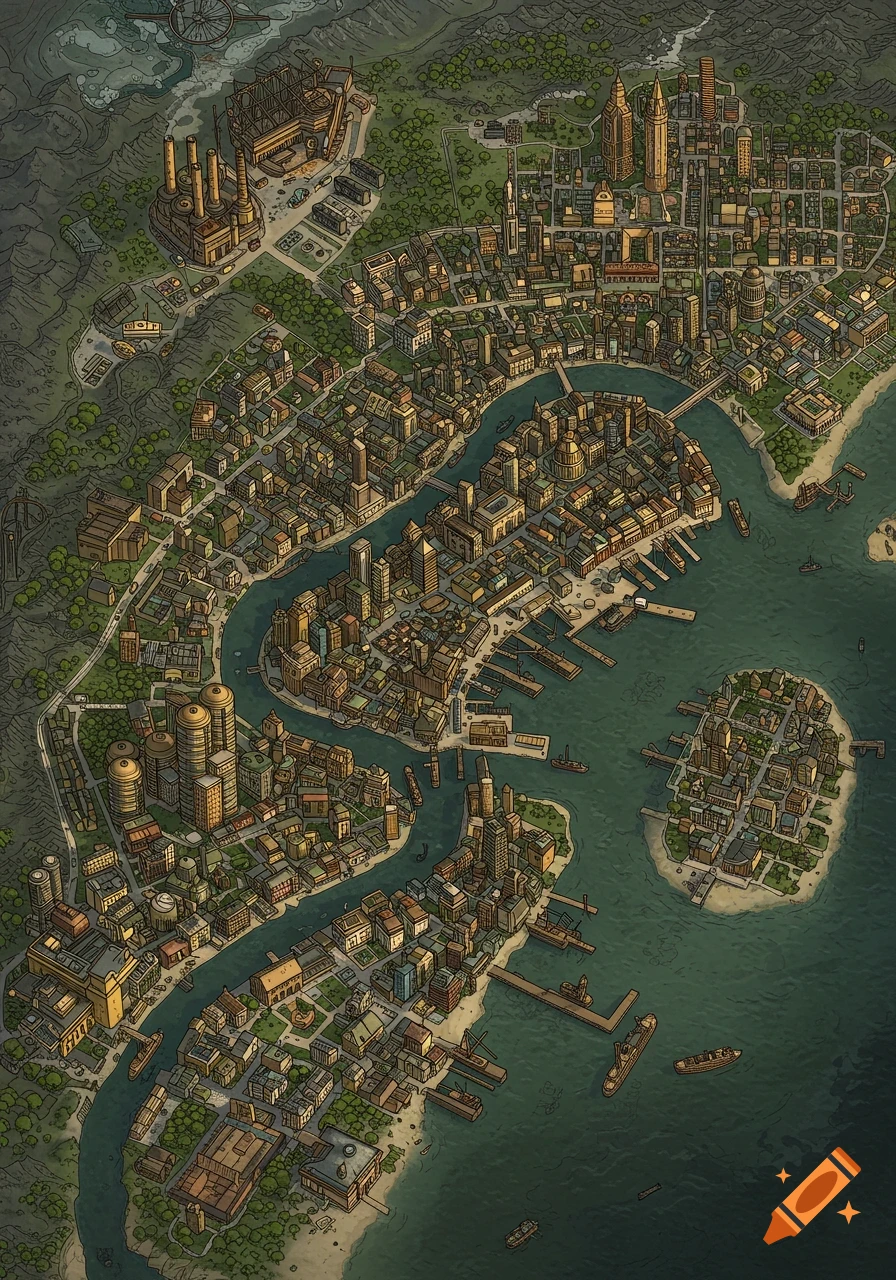 Detailed illustrated bird's-eye map of a sprawling industrial city with ...