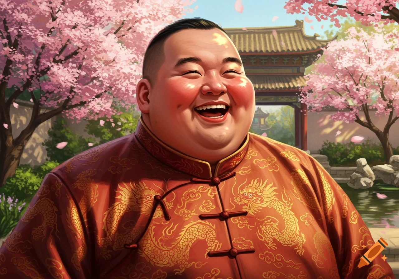 A joyfully laughing plump Chinese man in a red dragon-patterned robe ...