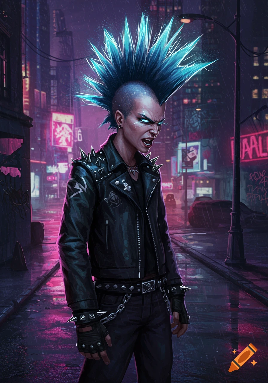 A fierce punk character with a glowing blue, lightning-bolt-like mohawk ...