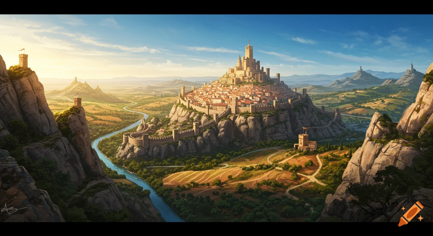 A majestic medieval city with defensive walls on a rocky hill ...