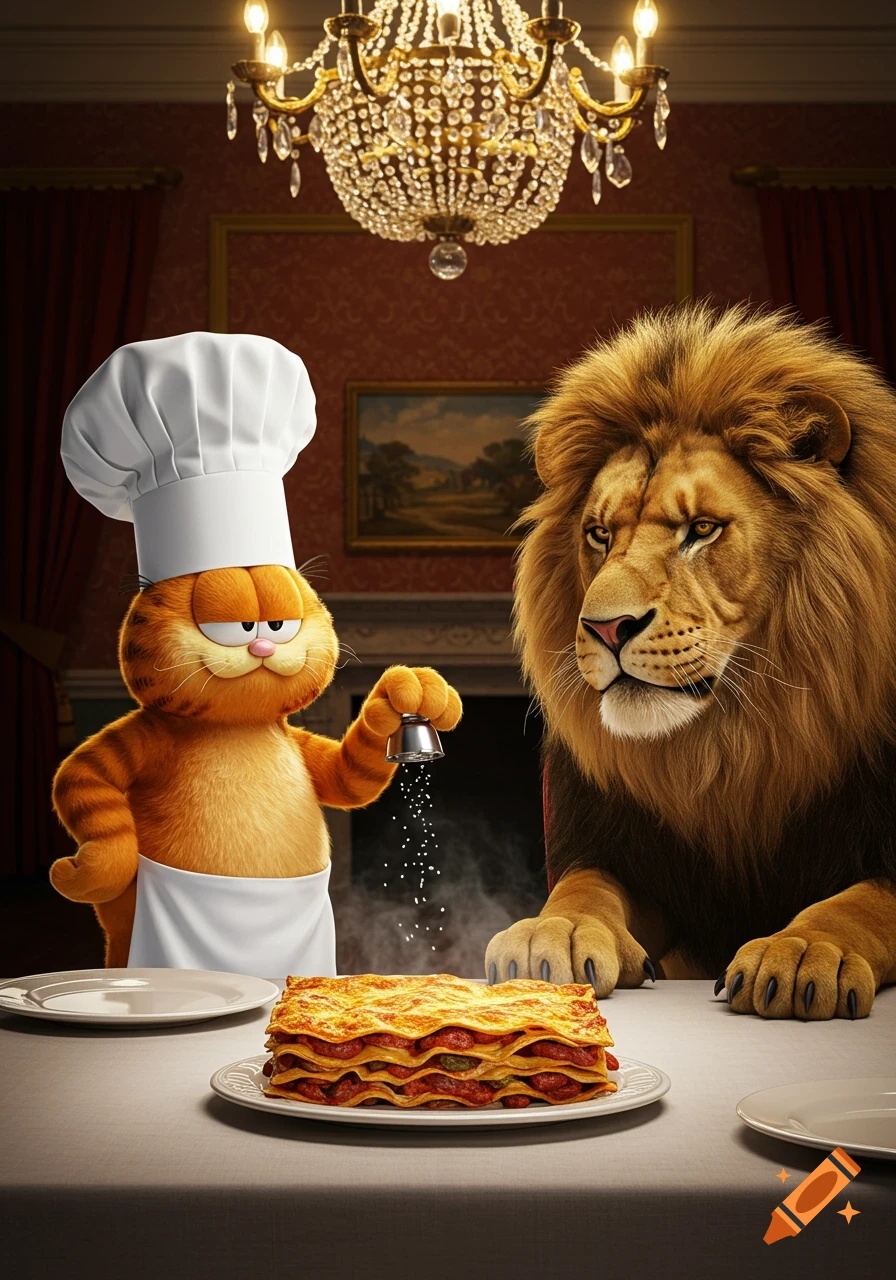 A dapper chef rat in an elegant dining room holds a cat-shaped pie ...