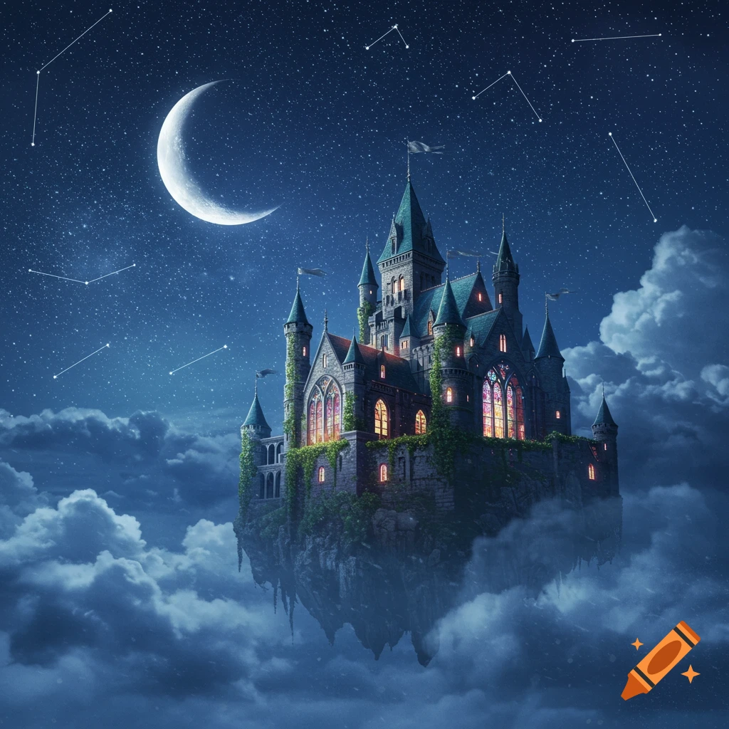 A fantasy castle floats above clouds in a dark night sky with a ...