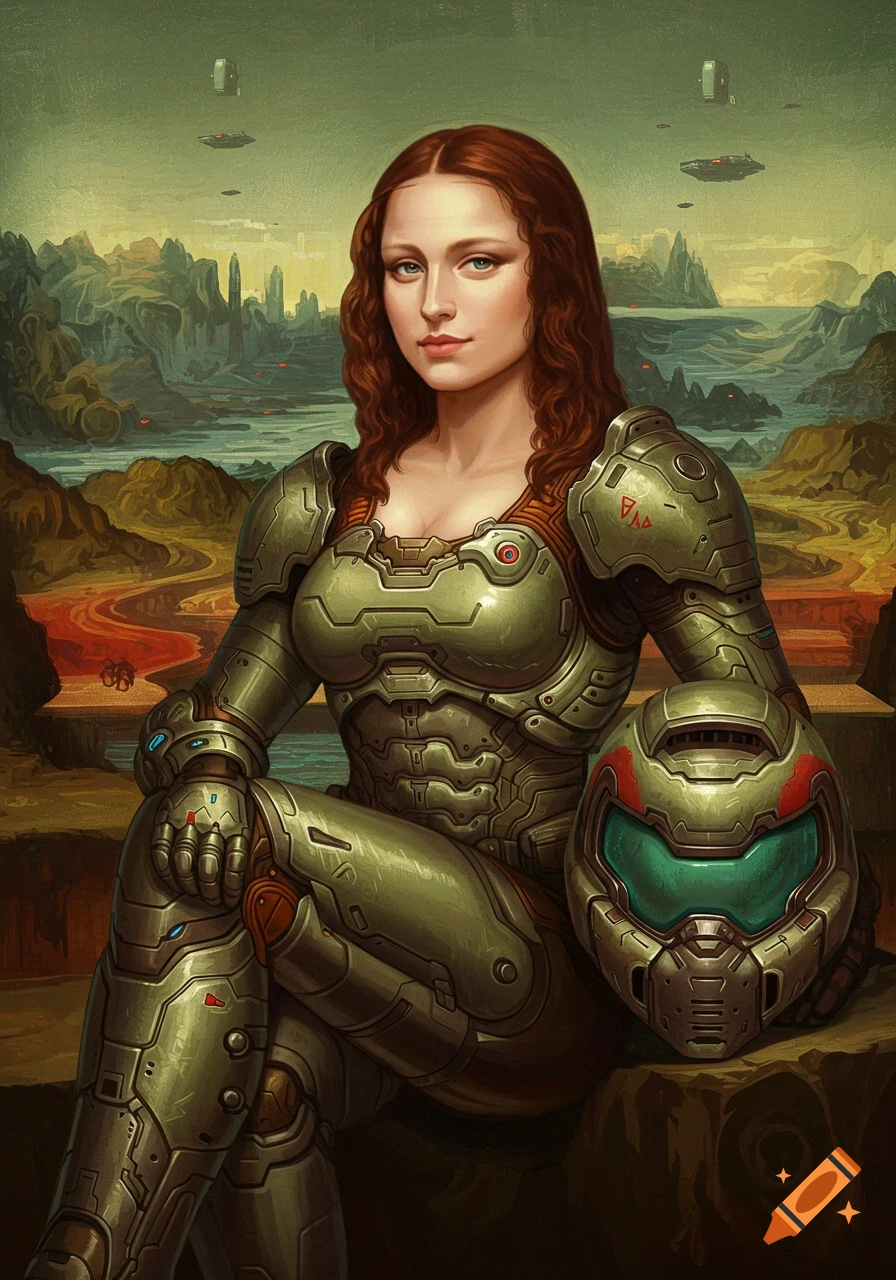 A woman with red hair, resembling the Mona Lisa, sits in futuristic ...