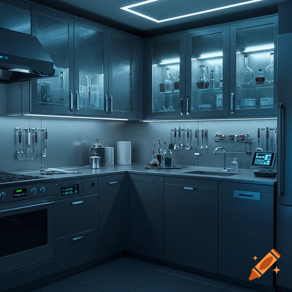 A modern kitchen with a futuristic, laboratory-like design, featuring ...