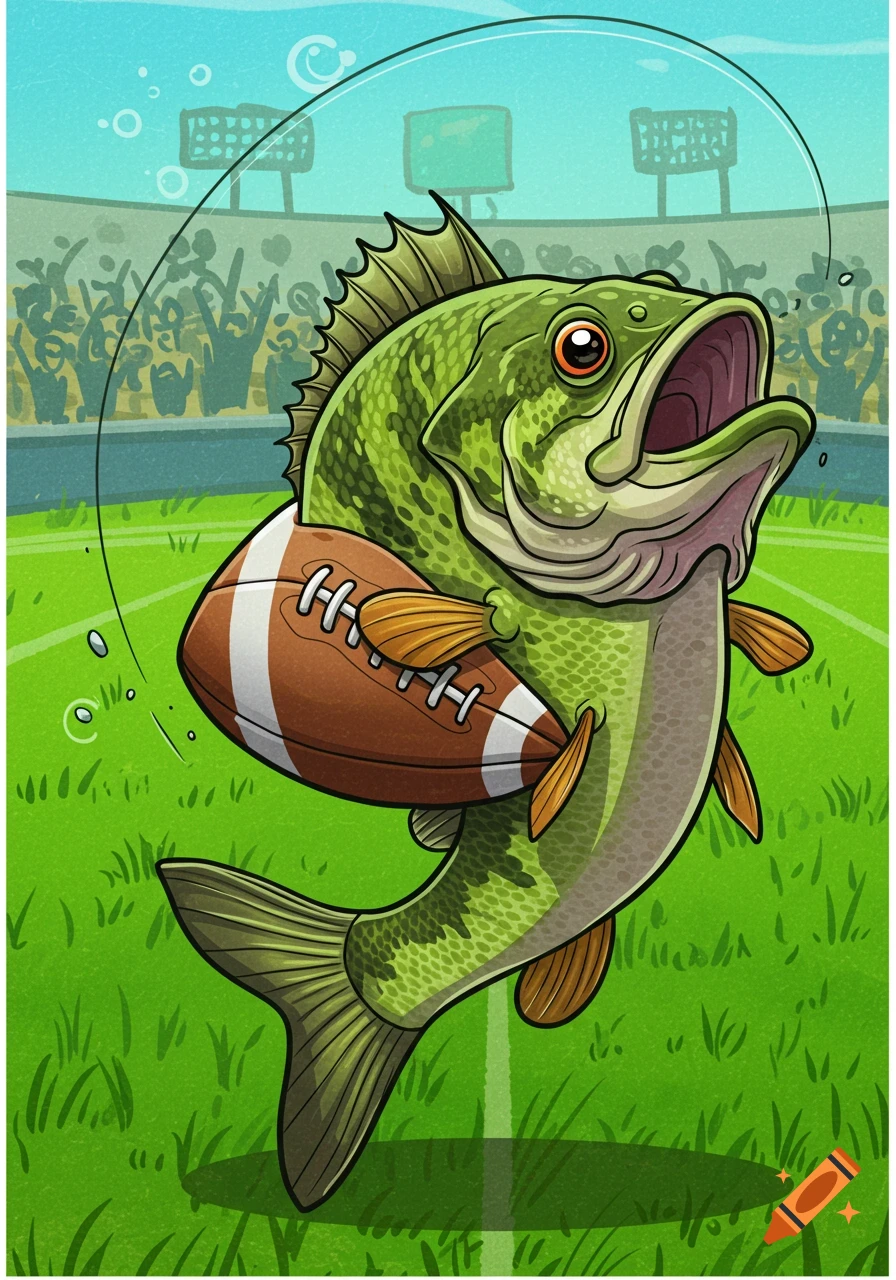 Cartoon bass fish holding a football, leaping over a green football ...