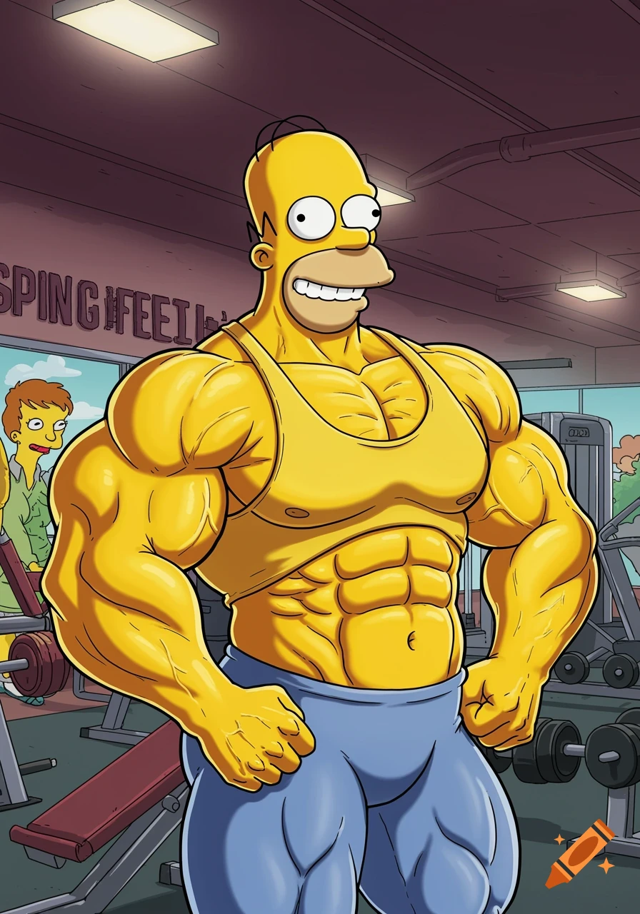 Muscular Homer Simpson in a yellow tank top and blue pants, posing as a ...