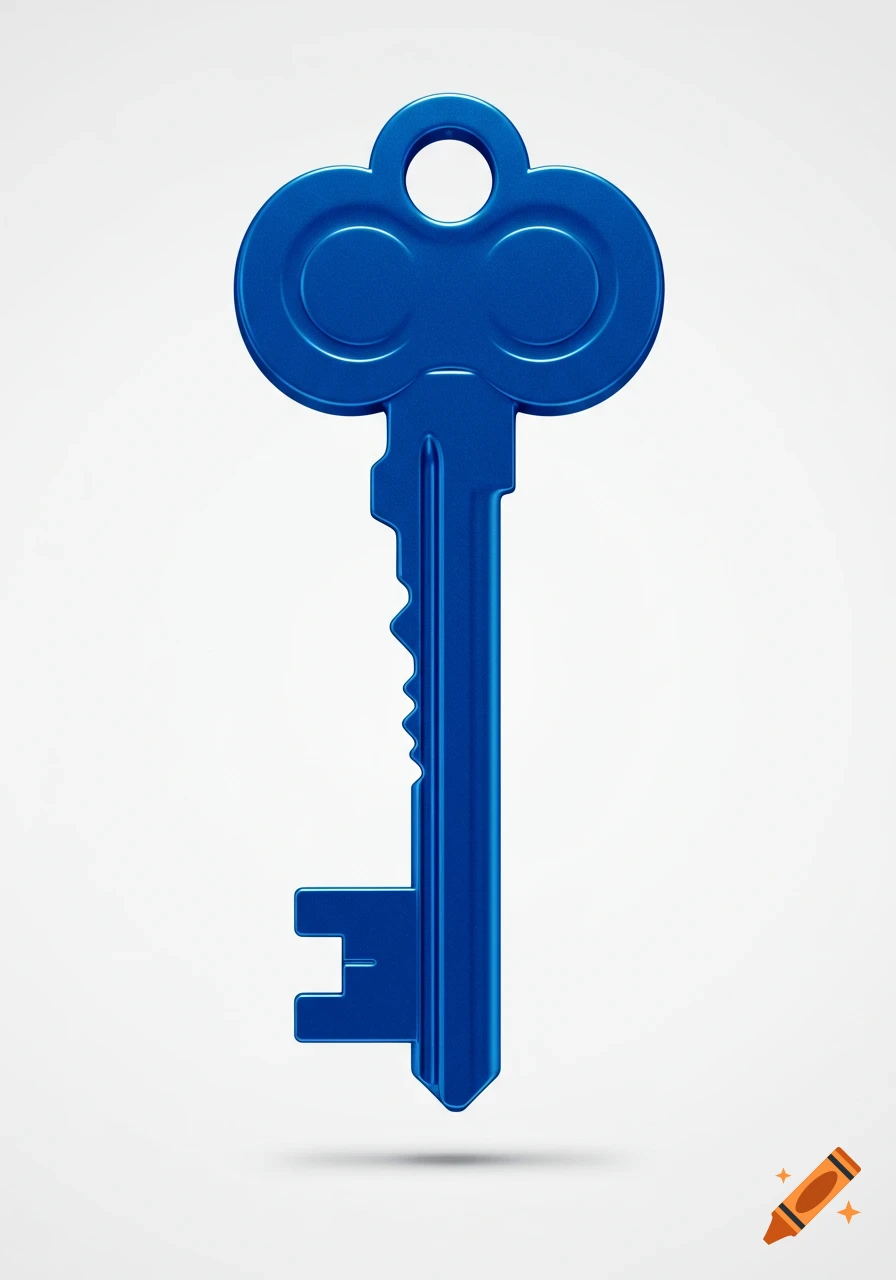 A shiny blue key standing vertically on a white background with a ...